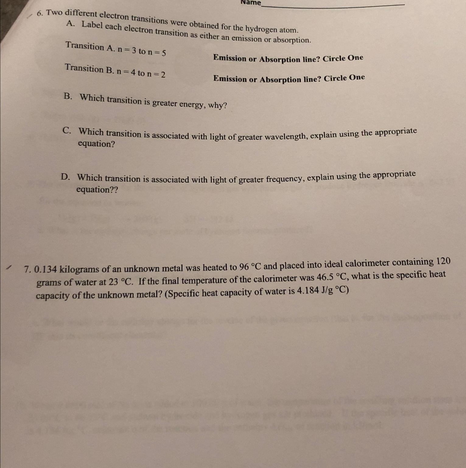 Solved Two different electron transitions were obtained for | Chegg.com