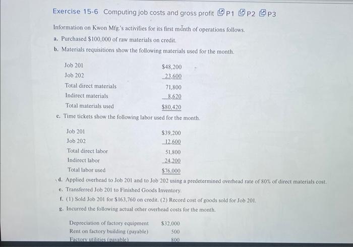 Solved Exercise 15-7 Recording materials, labor, overhead, | Chegg.com