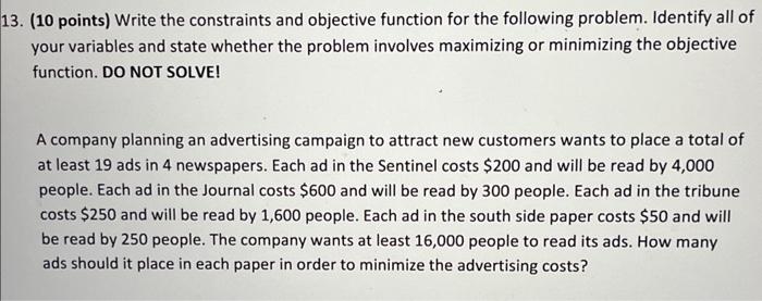 Solved (10 points) Write the constraints and objective | Chegg.com