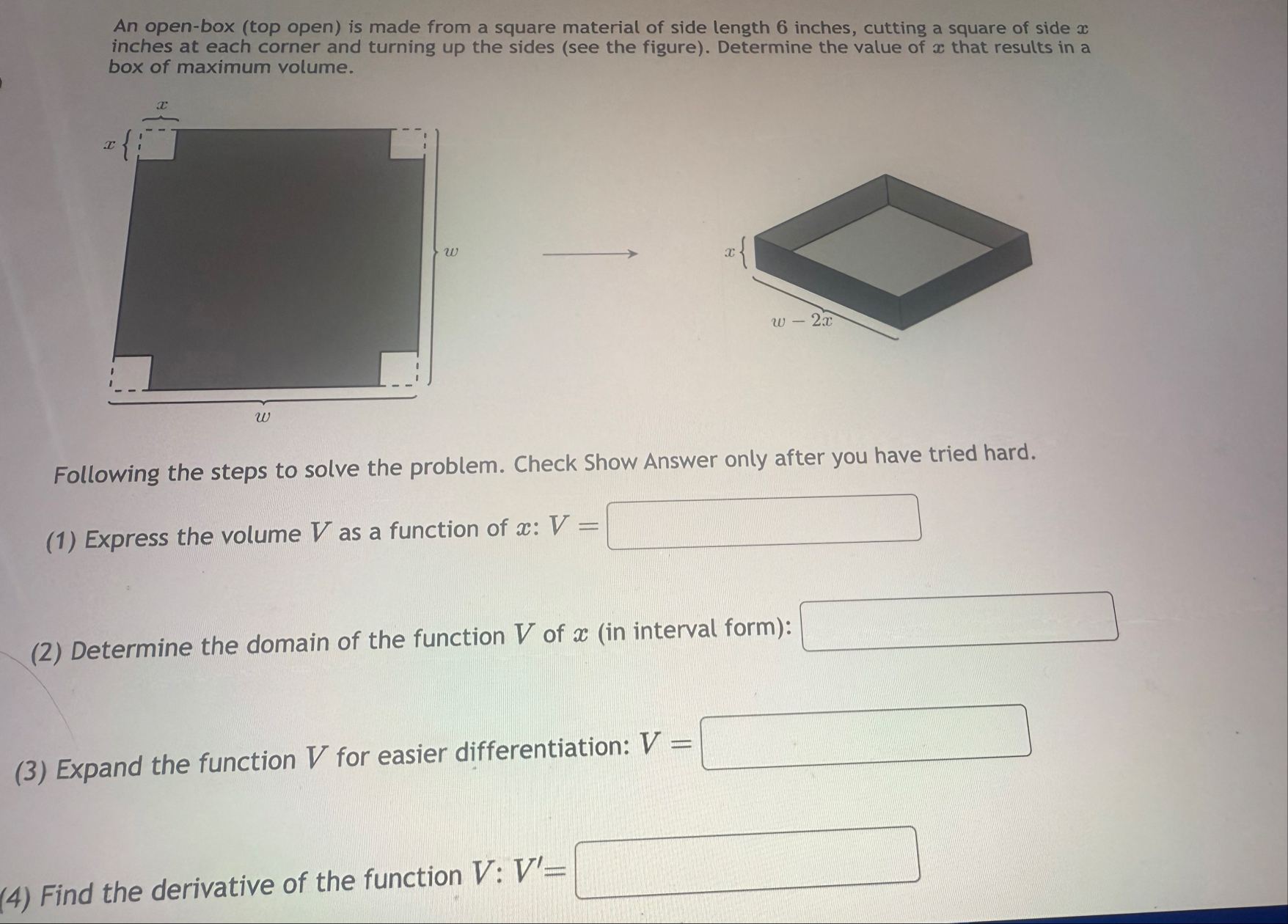 Solved An open-box (top open) ﻿is made from a square | Chegg.com