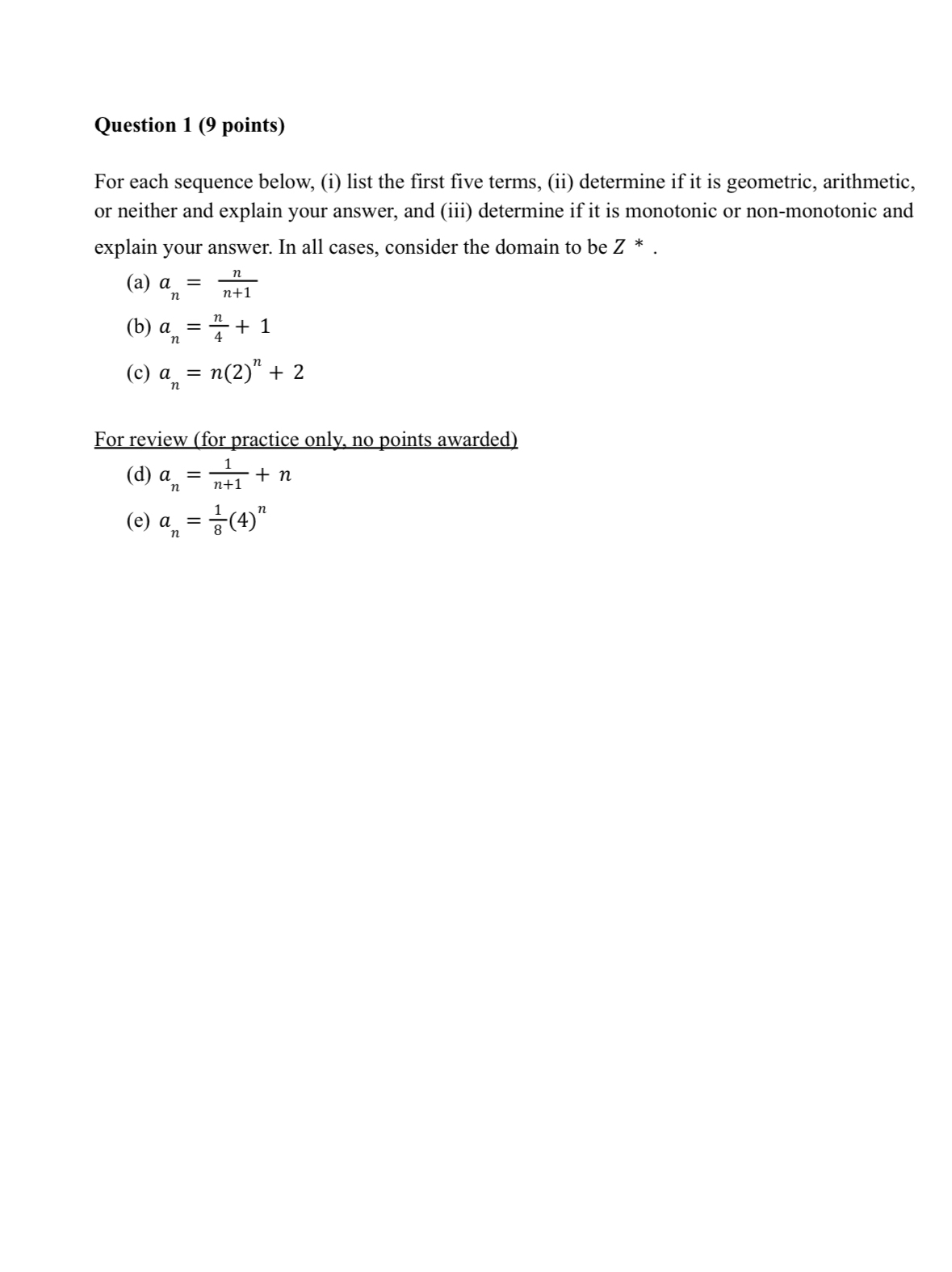 Solved Question 1 (9 ﻿points)For each sequence below, (i) | Chegg.com