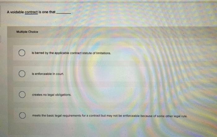 Solved A voidable contract is one that Multiple Choice is | Chegg.com