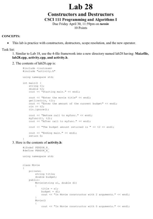Solved Lab 28 Constructors and Destructors CSCI 111 | Chegg.com