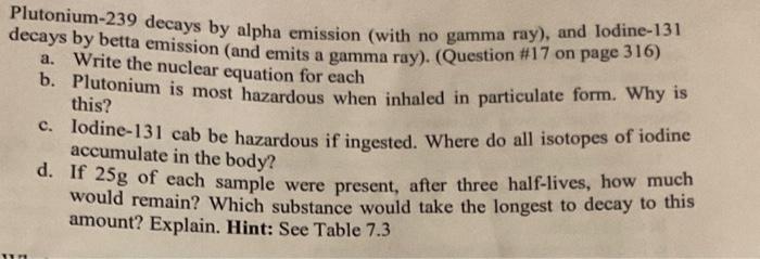 Solved Plutonium-239 decays by alpha emission (with no gamma | Chegg.com