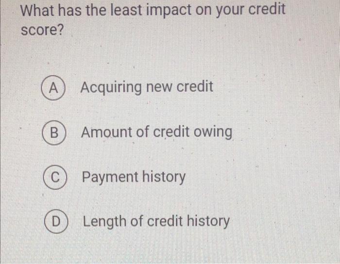 Solved What has the least impact on your credit score? | Chegg.com