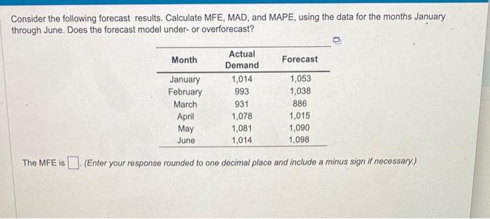 Solved Consider the following forecast results. Calculate | Chegg.com