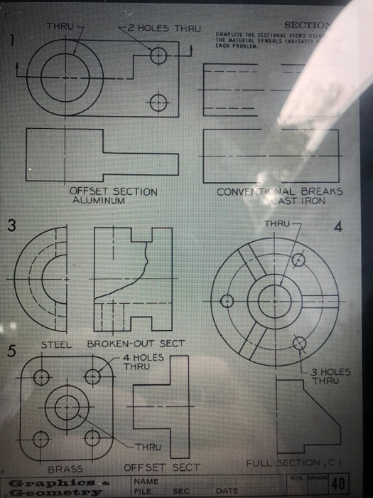 Solved THRU - 2 HOLES THRU SECTION COMPLETE THE SECTIONAL | Chegg.com