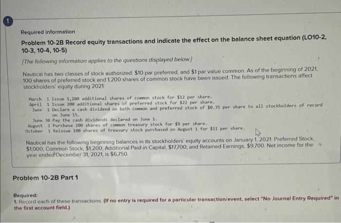 Solved Required information Problem 10-2B Record equity | Chegg.com
