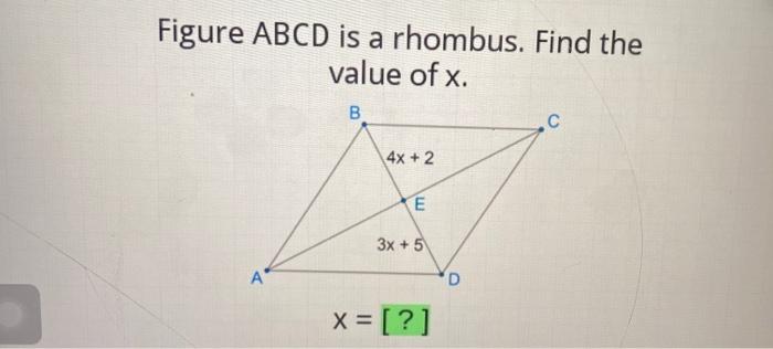 Solved Figure ABCD is a rhombus. Find thevalue of x.X = [?] | Chegg.com