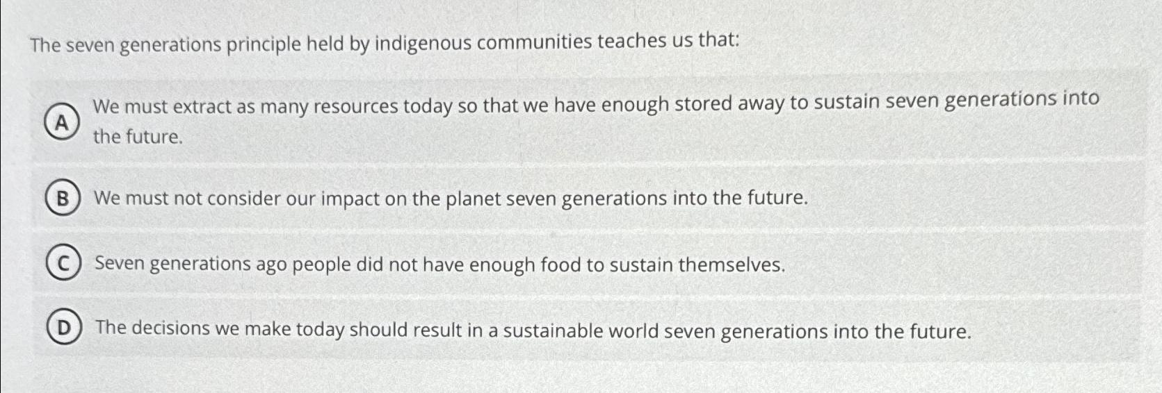 Solved The seven generations principle held by indigenous | Chegg.com