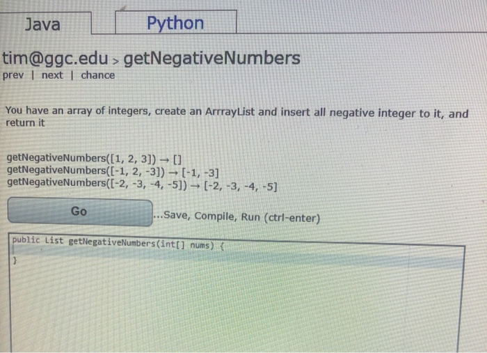 Solved Java Python Tim Getnegativenumbers Prev 