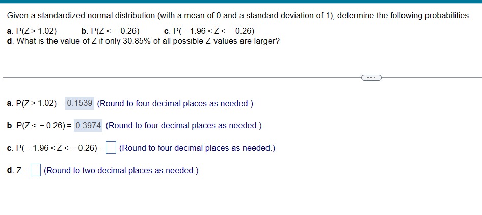 Solved Given a standardized normal distribution (with a mean | Chegg.com