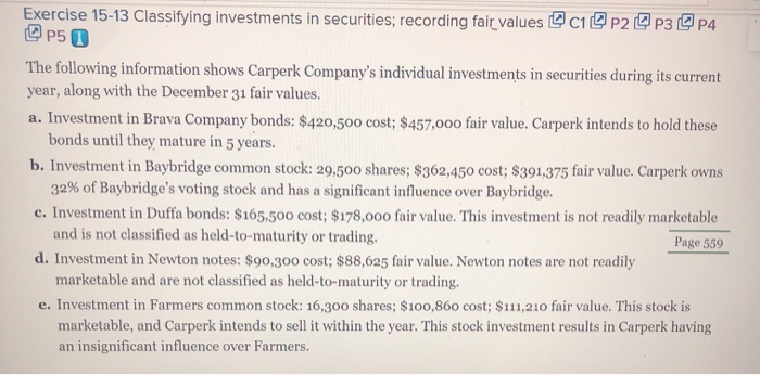 Solved Exercise 15-13 Classifying investments in securities; | Chegg.com