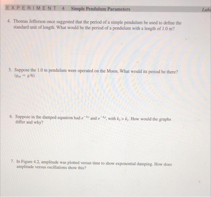 Solved EXPERIMENT 4 Simple Pendulum Parameters Labo 4. | Chegg.com
