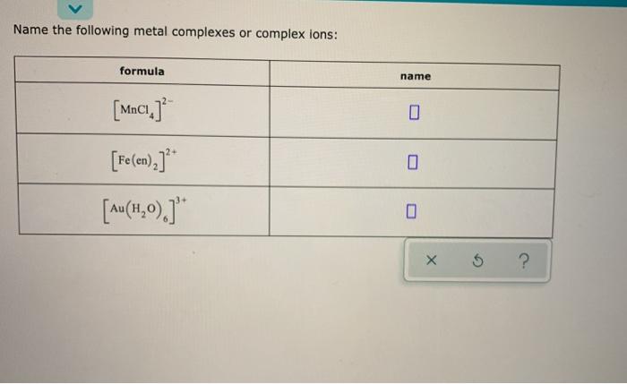 Solved Name the following metal complexes or complex ions: | Chegg.com