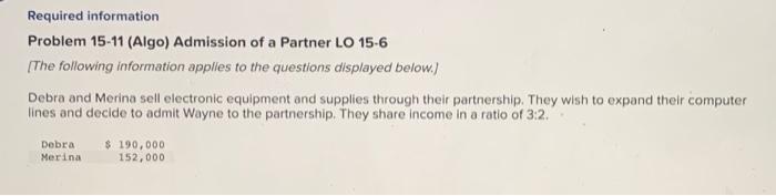 Solved Problem 15-11 (Algo) Admission of a Partner LO 15-6 | Chegg.com