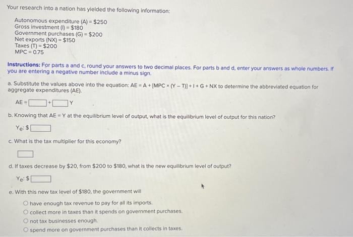 Solved Autonomous expenditure (A)=$250 Gross investment | Chegg.com