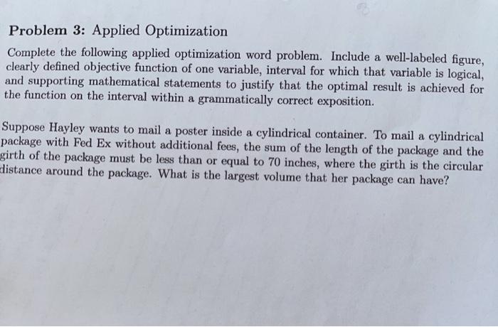Solved Problem 3: Applied Optimization Complete the | Chegg.com