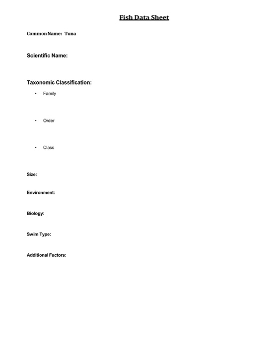 Solved Fish Data Sheet Common Name: Tuna Scientific Name: | Chegg.com