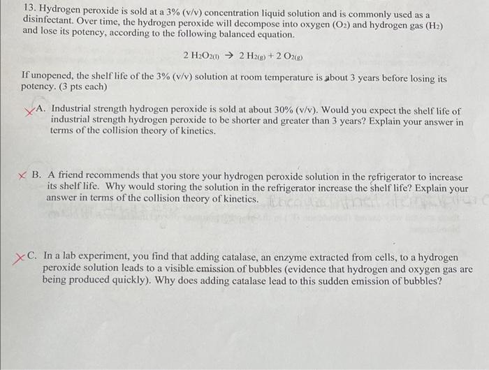 Solved 13. Hydrogen peroxide is sold at a 3%(v/v) | Chegg.com