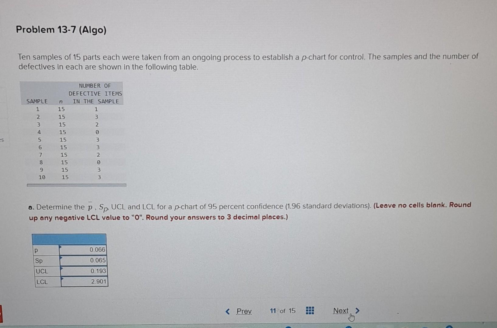 Solved Problem 13-7 (Algo) Ten samples of 15 parts each were | Chegg.com