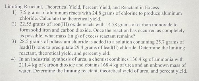 Solved Limiting Reactant, Theoretical Yield, Percent Yield, | Chegg.com