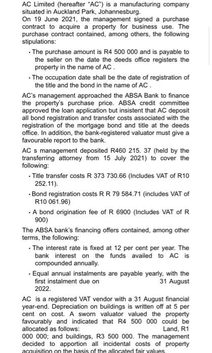 Solved AC Limited (hereafter "AC") is a manutacturing | Chegg.com