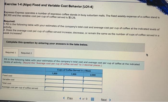 Solved Exercise 1 4 Algo Fixed And Variable Cost Behavior 5061