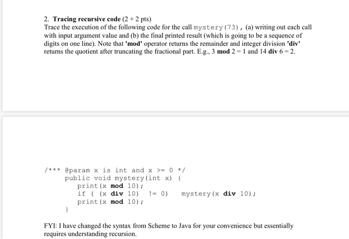 Solved 2. Tracing recursive code (2 + 2 pts) Trace the | Chegg.com