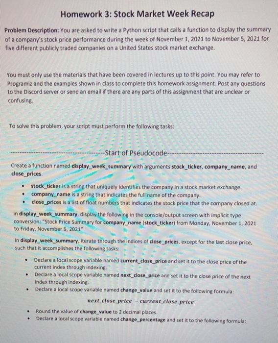 Solved Homework 3: Stock Market Week Recap Problem | Chegg.com