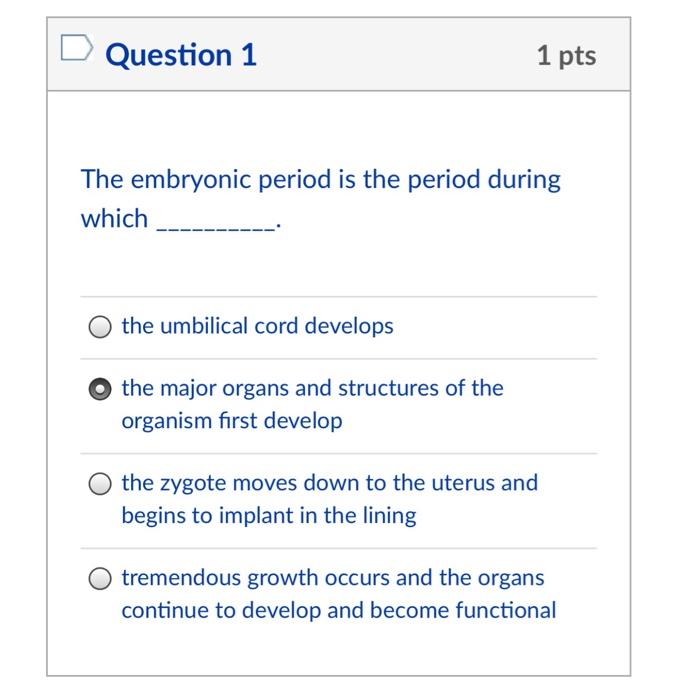 Solved Question 1 1 pts The embryonic period is the period | Chegg.com