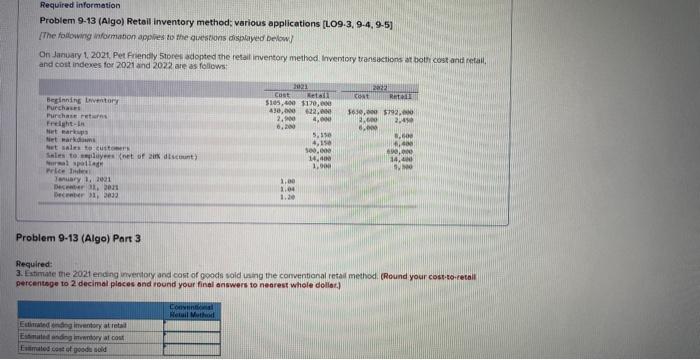 Problem 9-13 (Algo) Retail inventory method; various | Chegg.com
