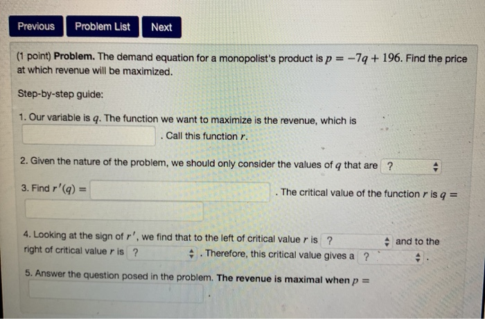 Solved Previous Problem List Next (1 point) Problem. The | Chegg.com