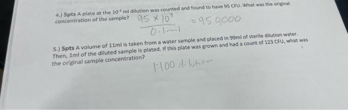 Solved 4.) 5 pts A plate at the 10−3ml dilution was counted | Chegg.com