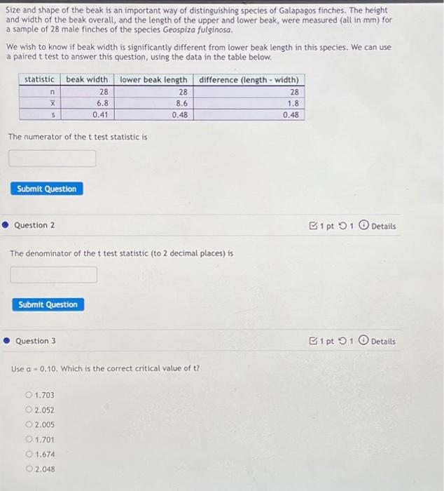 Solved Size and shape of the beak is an important way of | Chegg.com