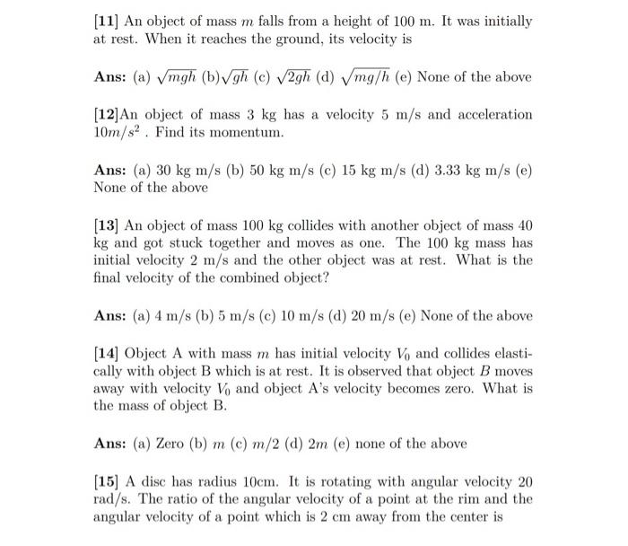 Solved [11] An object of mass m falls from a height of 100 | Chegg.com
