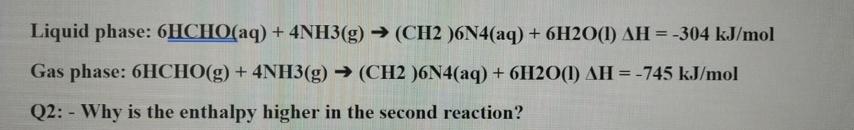 Solved Liquid phase: 6HCHO(aq)+4NH3( g)→(CH2)6 | Chegg.com
