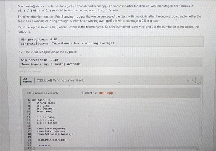 Solved Given main0, define the Team class (in files Teamh | Chegg.com