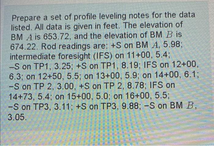 Solved Prepare a set of profile leveling notes for the data | Chegg.com