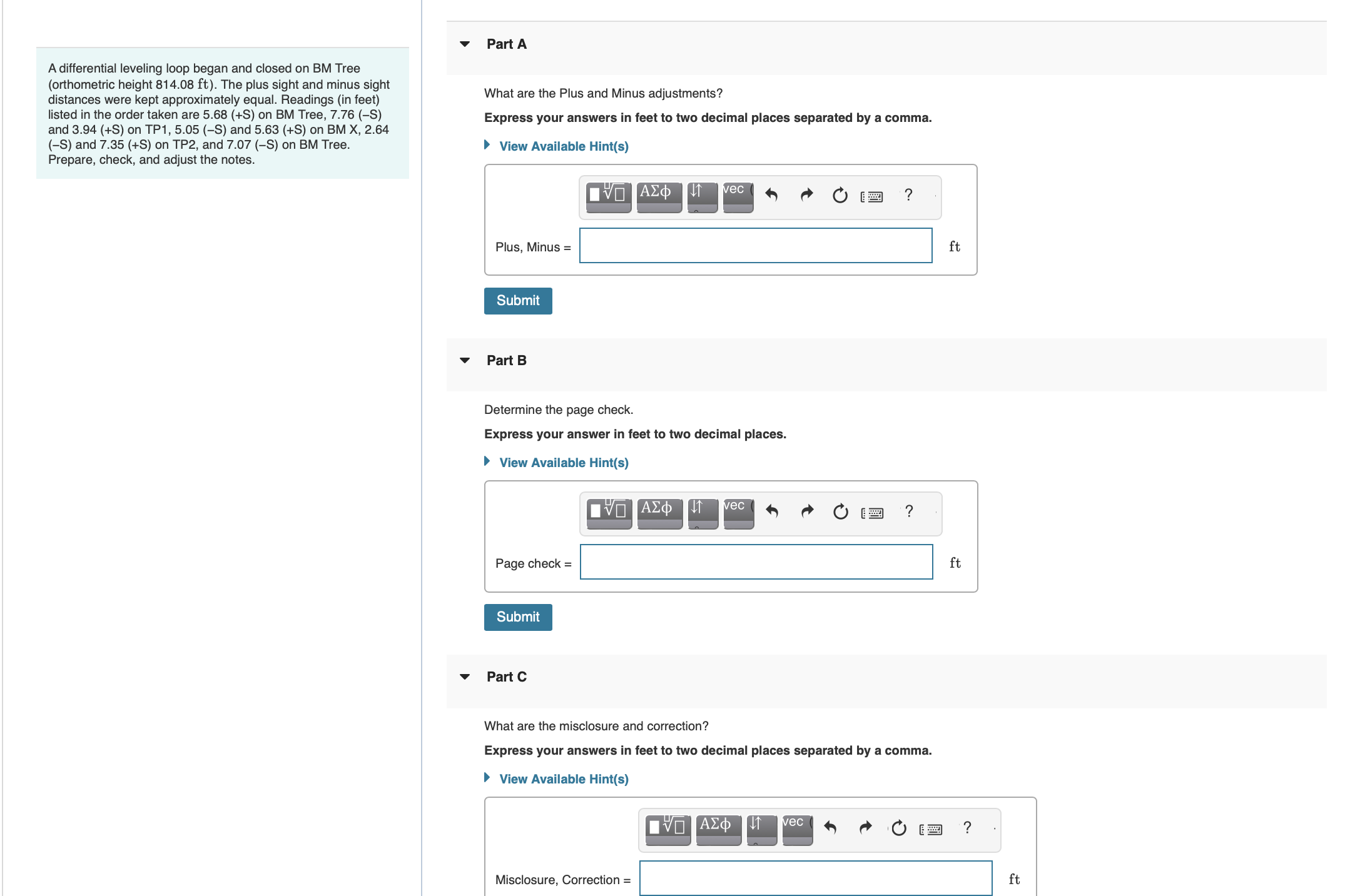 Solved A differential leveling loop began and closed on BM | Chegg.com