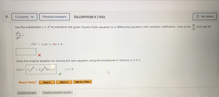 Solved 1/2 points | Previous Answers ZILLDIFFEQ9 4.7.032. My | Chegg.com