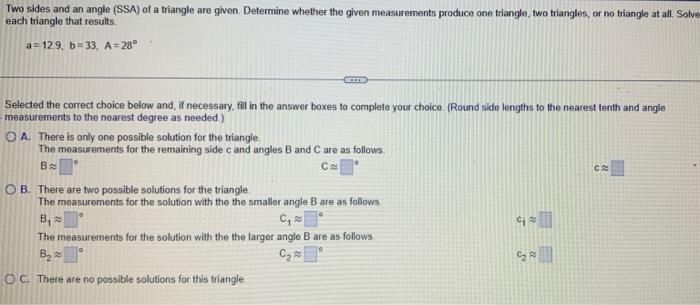 Solved Two sides and an angle (SSA) of a triangle are given. | Chegg.com