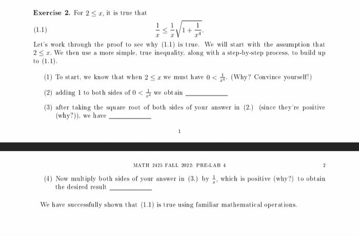 Solved Exercise 2 . For 2≤x, it is true that x1≤x11+x41 | Chegg.com