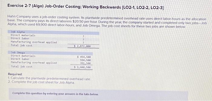 Solved Exercise 2-7 (Algo) Job-Order Costing; Working | Chegg.com