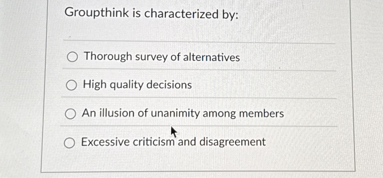 Solved Groupthink is characterized by:Thorough survey of | Chegg.com
