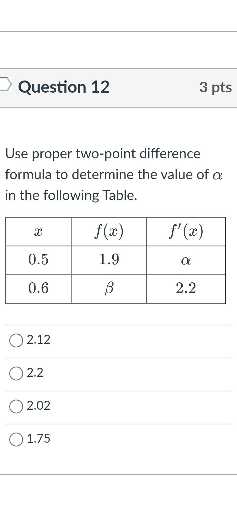 Solved Question 12 3 pts Use proper two-point difference | Chegg.com