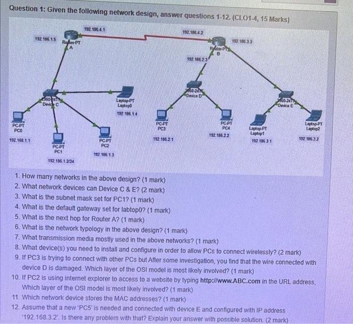 Solved Question 1: Given the following network design, | Chegg.com