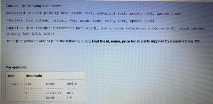 Solved Consider The Following Sqlite Tables Parts Pid 