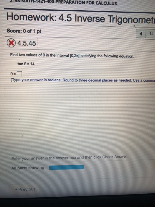 Solved 219.-MATH-1421-400-PREPARATION FOR CALCULUS Homework: | Chegg.com