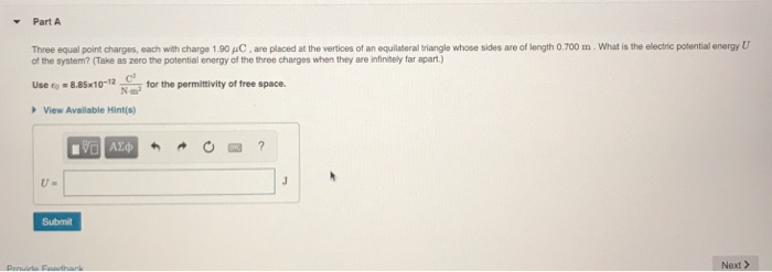 Solved Part A Three equal point charges, each with charge | Chegg.com